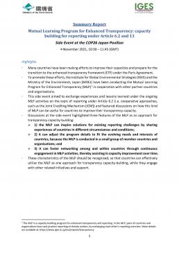 Summary Report for a Side Event at the COP26 Japan Pavilion on Mutual Learning Program for ...